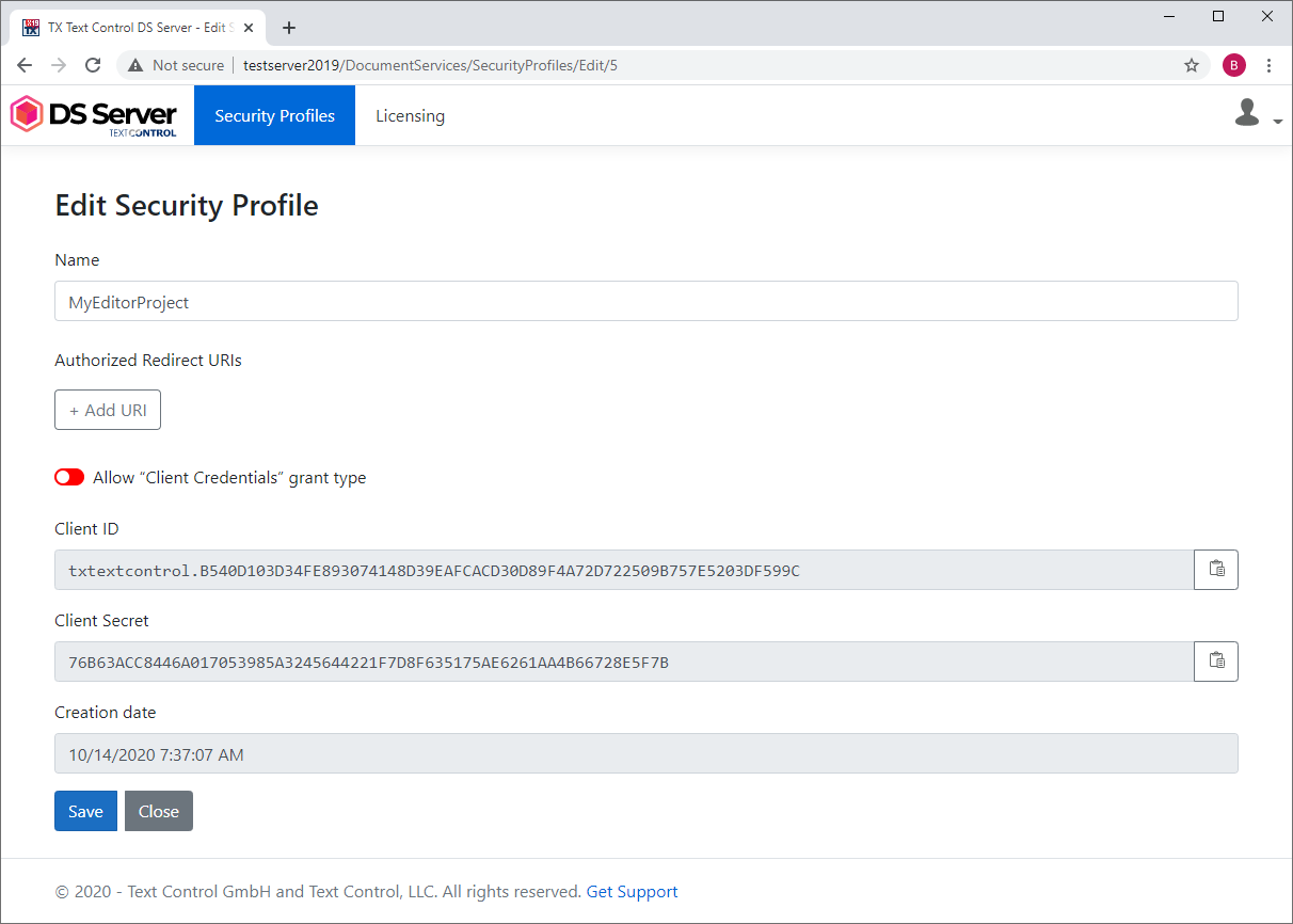 Creating Security Profiles - TX Text Control DS Server